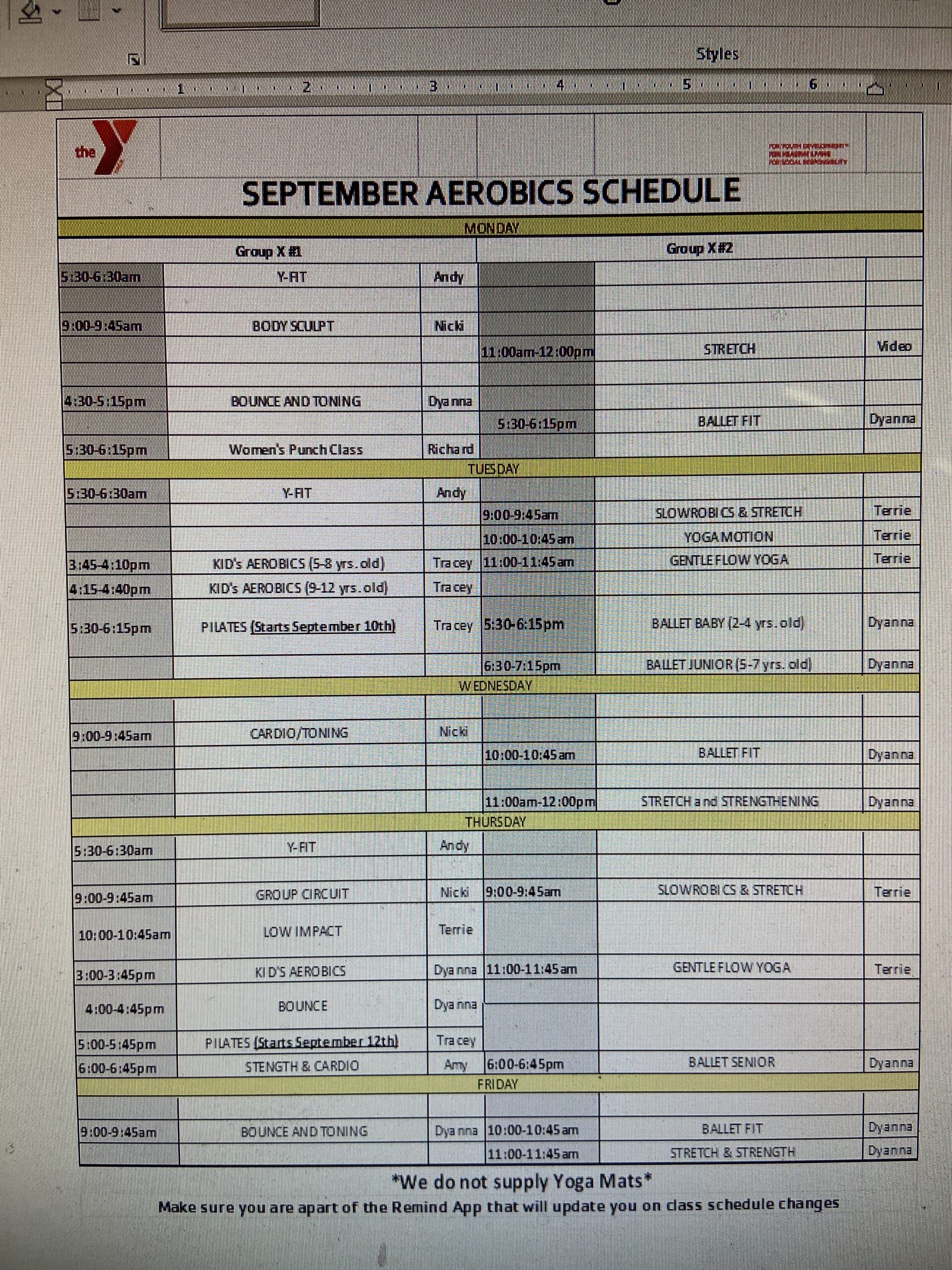 Aerobics Schedule – Tiftarea YMCA